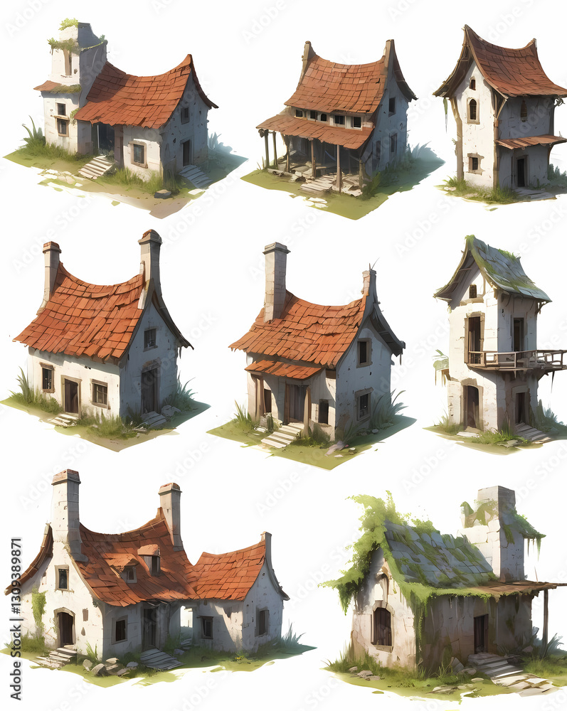 collection of nine different styles of medieval buildings on a white ...