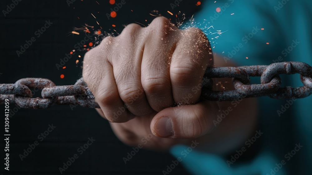 Clenched fist breaking through heavy iron chains with sparks flying ...