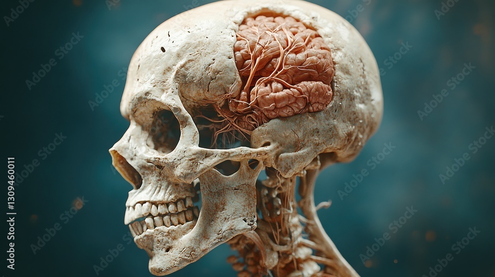 Ancient human skull with exposed brain, eerie scientific concept ...