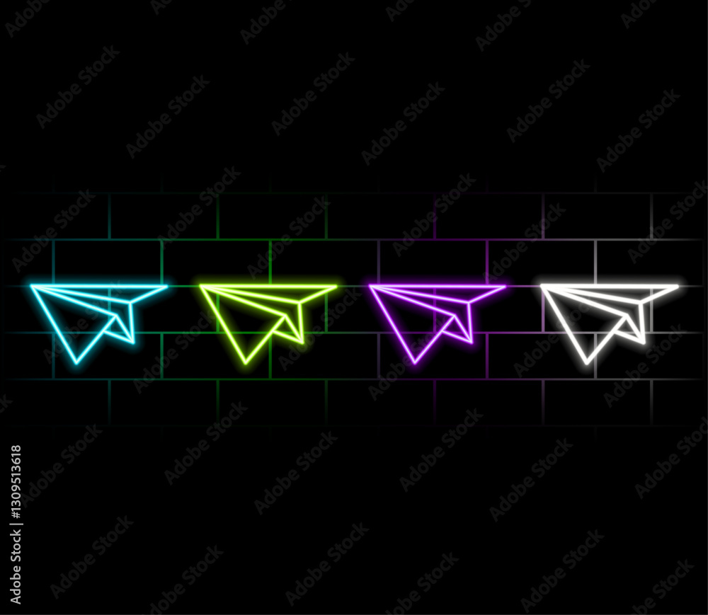 Outline neon paper plane icon. Glowing neon airplane silhouette ...