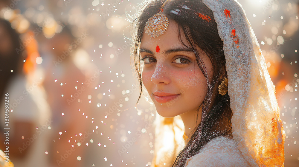 Holi Festival Of Colours. Portrait of happy indian girl in holi color ...