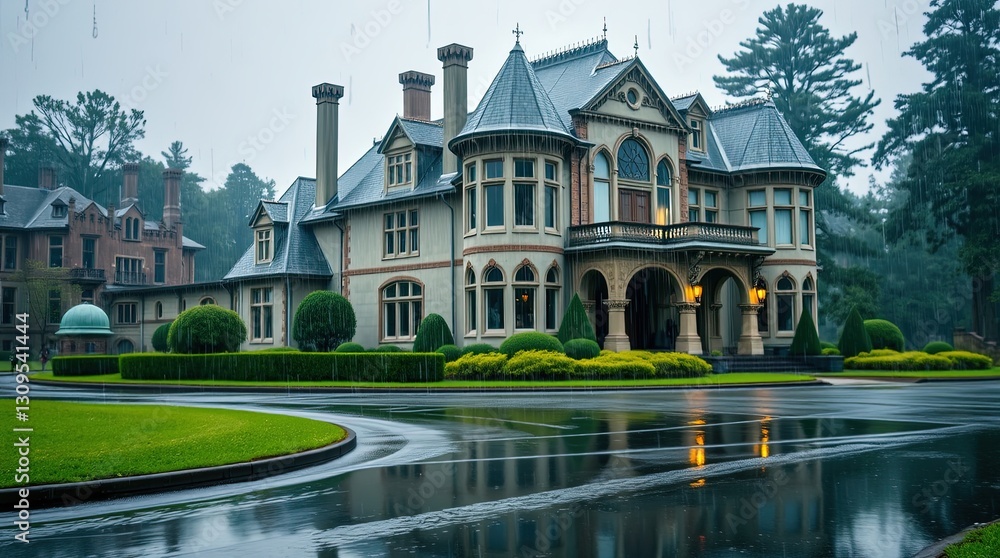 Elegant vintage mansion with circular driveway on rainy day, perfect ...
