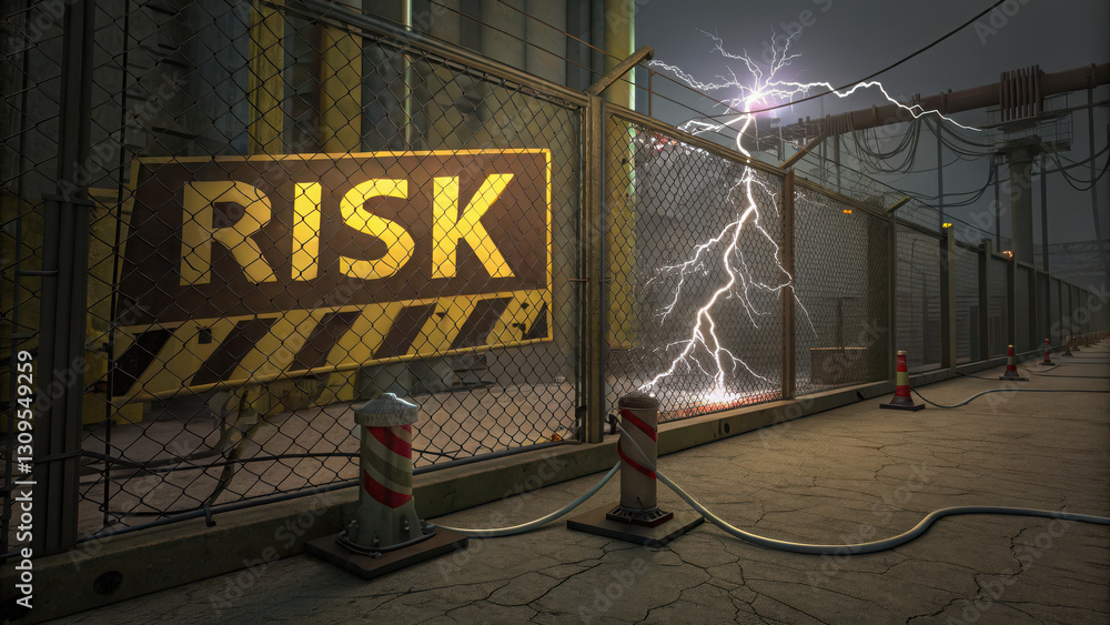 Risk high voltage fence with bold yellow Risk sign and visible ...