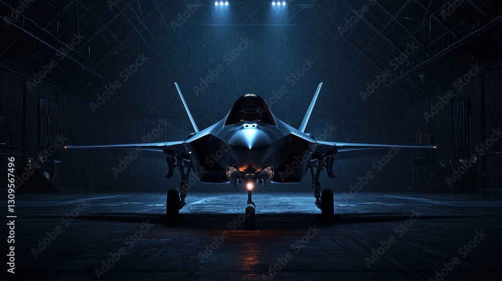 F-35 Lightning II stealth fighter jet parked in a dimly lit hangar ...