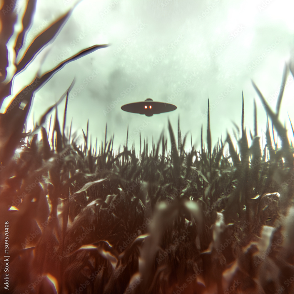 old super 8 footage of a black UFO flying in the sky over a huge corn ...
