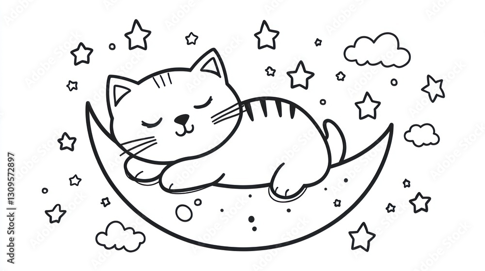 Cute cartoon cat sleeping on crescent moon, starry night sky, coloring ...