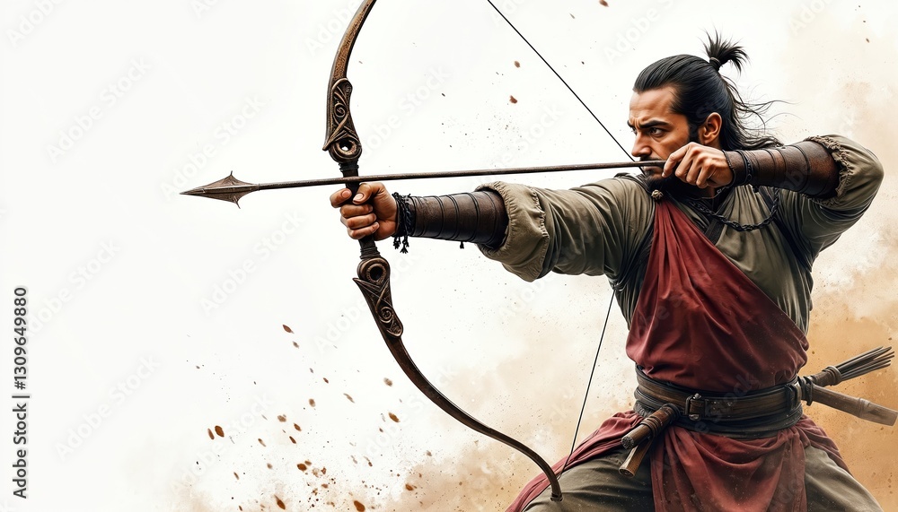 Brave warrior archer aims bow with precision in dynamic pose against ...