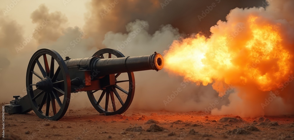Civil War era cannon fires flame, smoke. Vintage artillery weapon ...