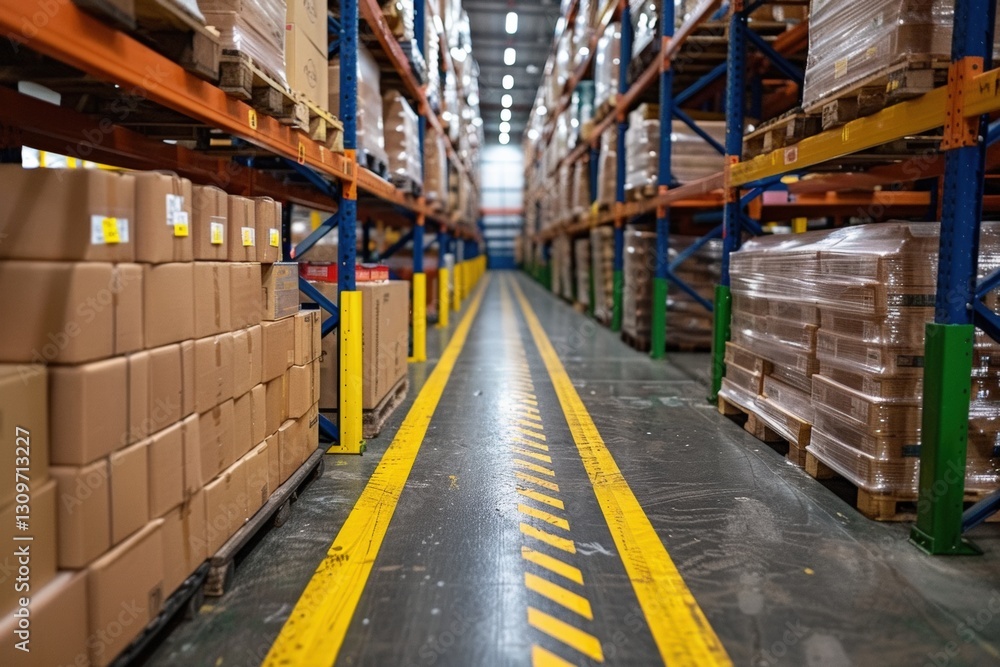 Warehouse floor with organized pedestrian walkways, forklift lanes ...