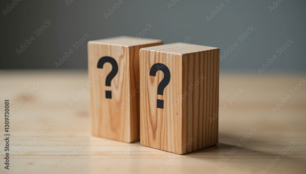 Pair of wooden blocks with question marks on a table representing the ...