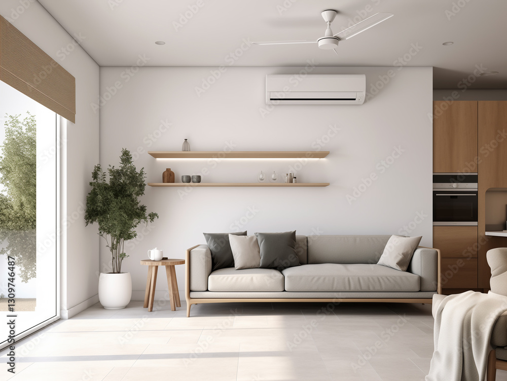 neutral living room or sitting room space with bright natural light and ...