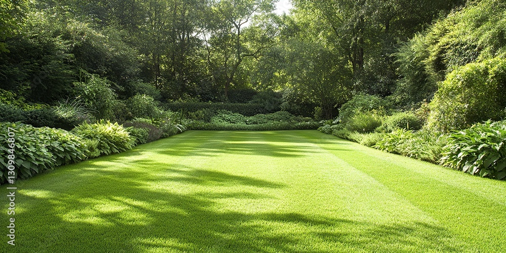 Serene Garden Landscape: A meticulously manicured lawn stretches into ...
