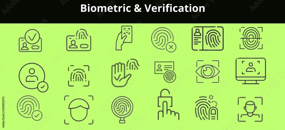 Biometric & Verification line editable icon set. Containing ID card ...