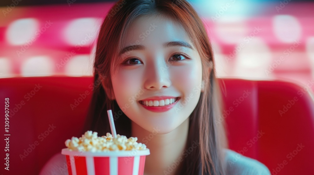 Motion picture fun. Cute Asian girl with popcorn and drink in cinema Stock Photo | Adobe Stock