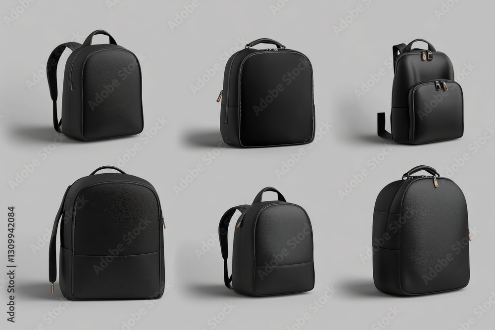 Realistic mockups of a black backpack, shown from various angles ...
