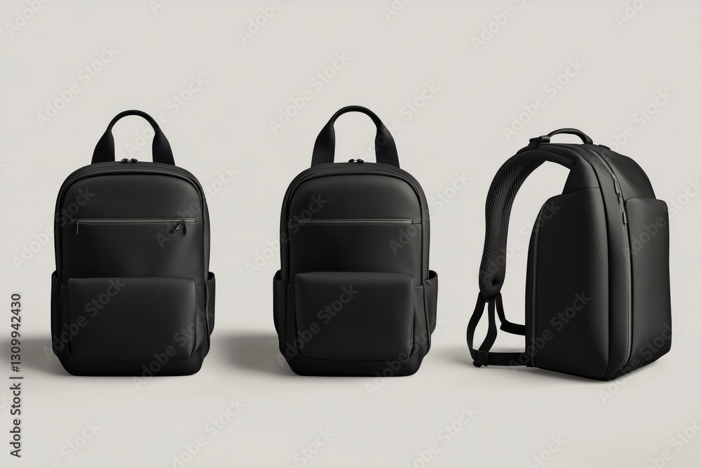 Realistic mockups of a black backpack, shown from various angles ...
