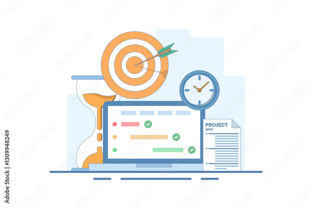 Project management concept, compiling program checklist on laptop ...