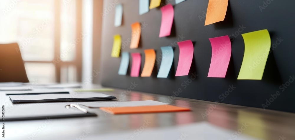 Whiteboard covered with colorful sticky notes and diagrams, in an empty ...