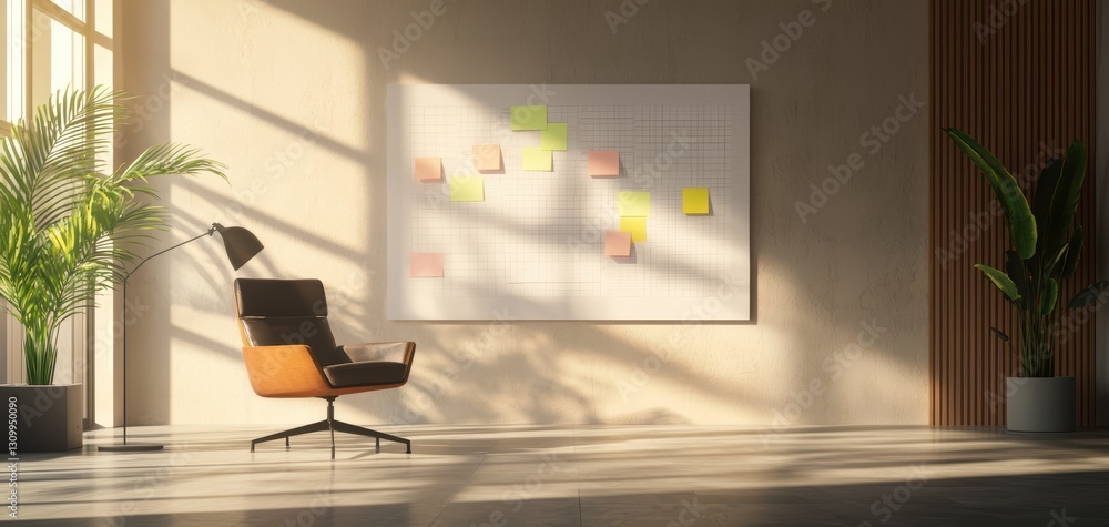 Whiteboard covered with colorful sticky notes and diagrams, in an empty ...