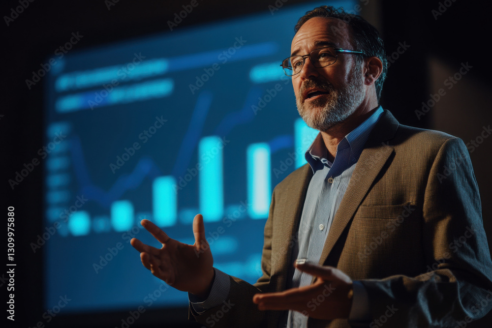 Mature Caucasian man presenting financial data in a business meeting ...