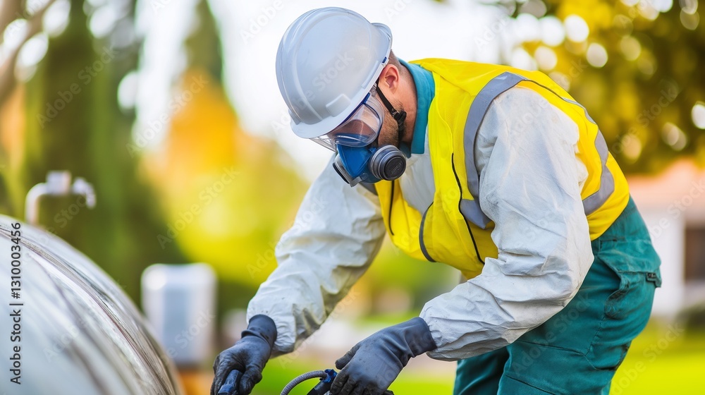 Man cleaning septic tank for sewage removal and maintenance service ...