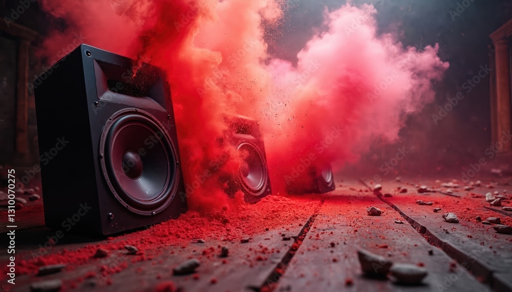 Powerful audio speakers blast out cloud of red color powder. Loud sound ...