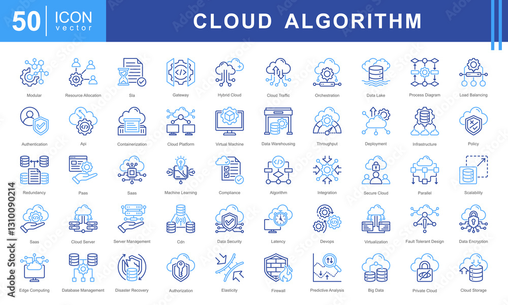 Cloud Algorithm icon set featuring icons for cloud computing, security ...