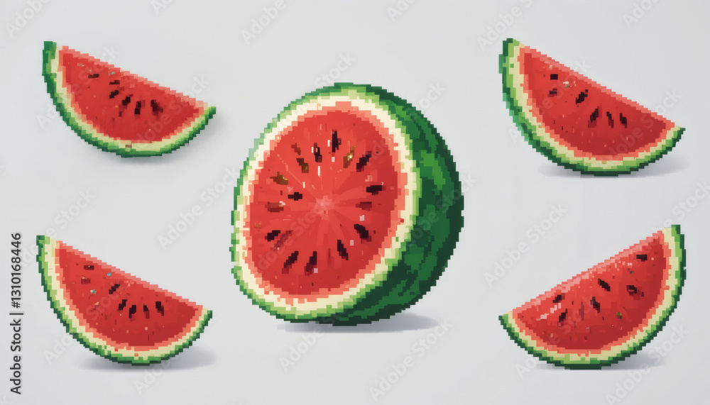 8-bit isolated pixel watermelon slice with vibrant red texture, seeds ...