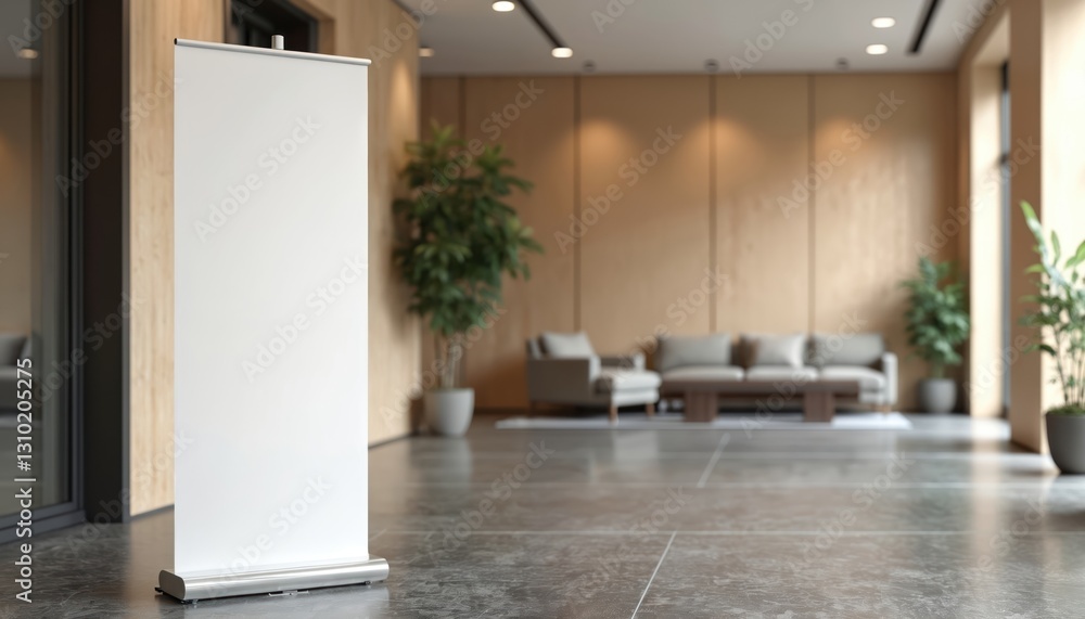 Roll-up standee banner mockup in office hall. Modern corporate showroom ...