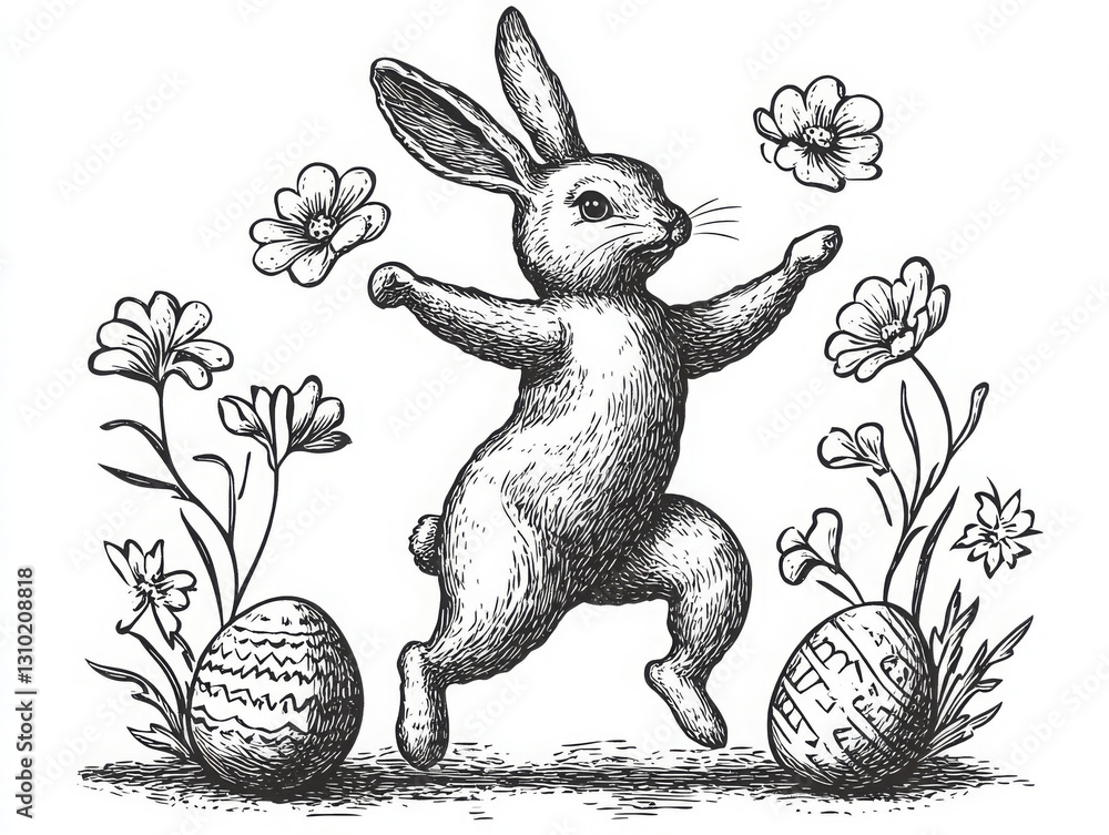 Ilustración de Stock Easter bunny joyful rabbit dancing among decorated ...