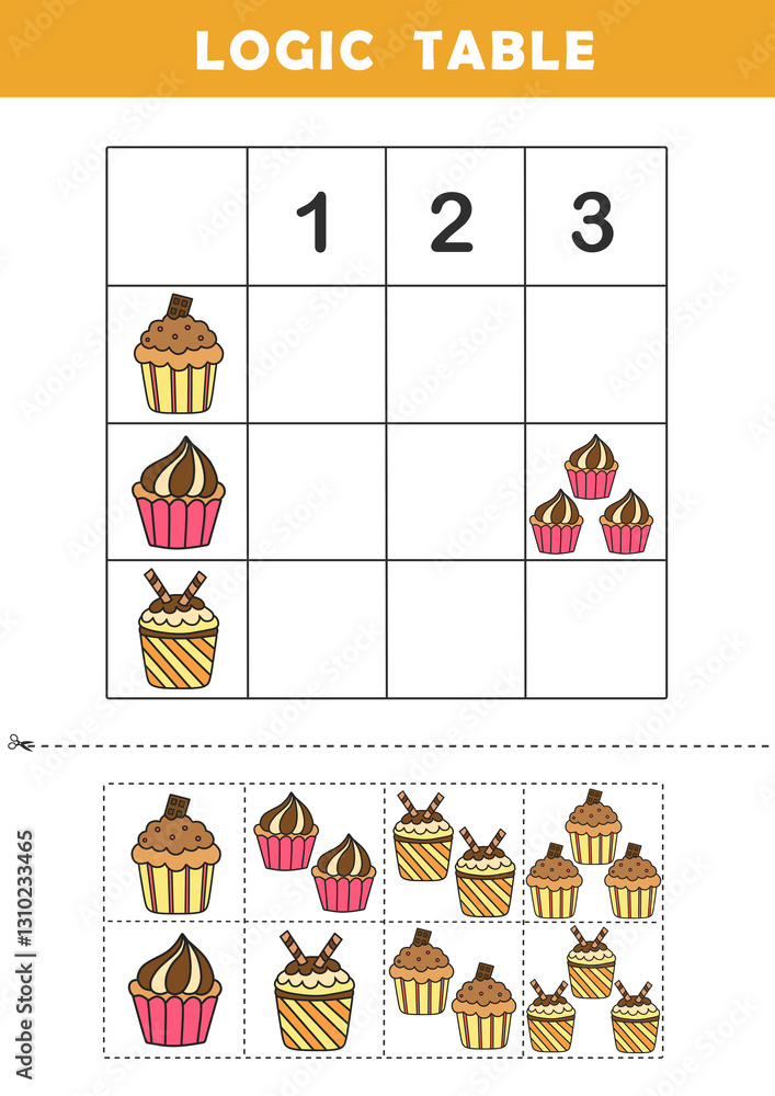 Logic game for children. Logic table worksheet for kids. Cut and match ...
