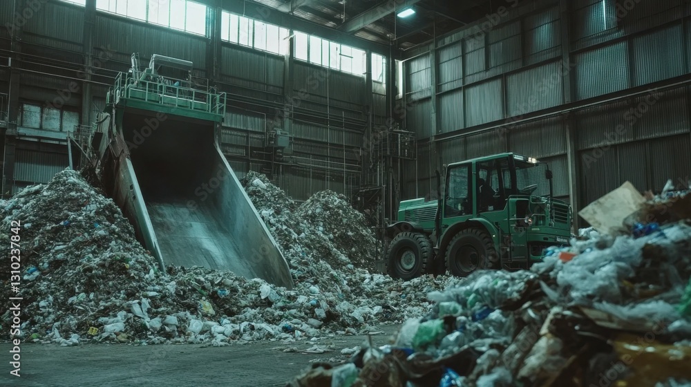 Inside a modern warehouse, where a large green wheel loader is loading ...