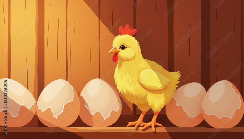 Baby chick exploring barn ledge with cracked eggs, symbolism of birth ...