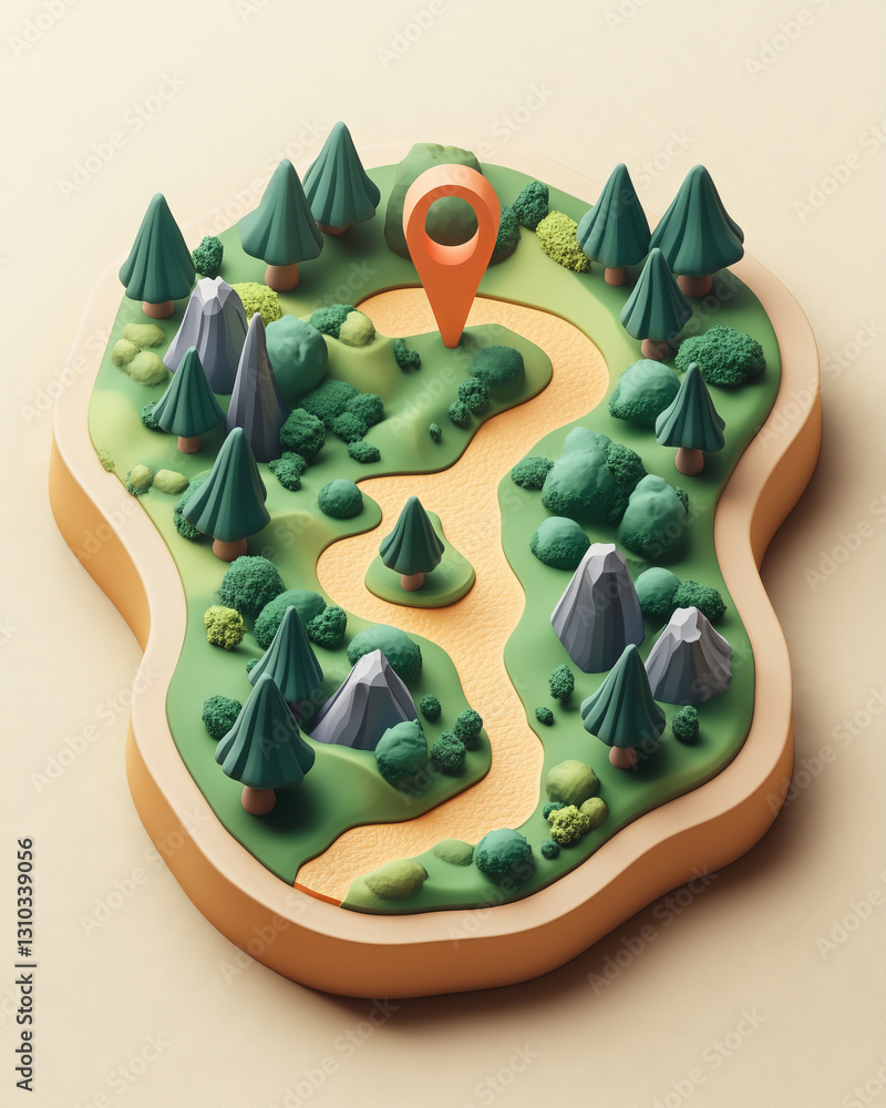 Stylized terrain map with a winding path and adventure marker Stock ...