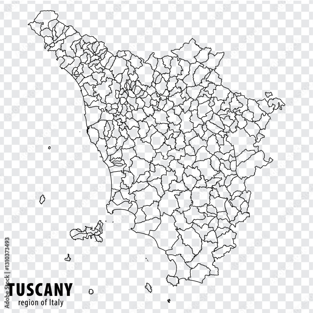 Blank map Tuscany of Italy. High quality map Region Tuscany with municipalities on transparent ...