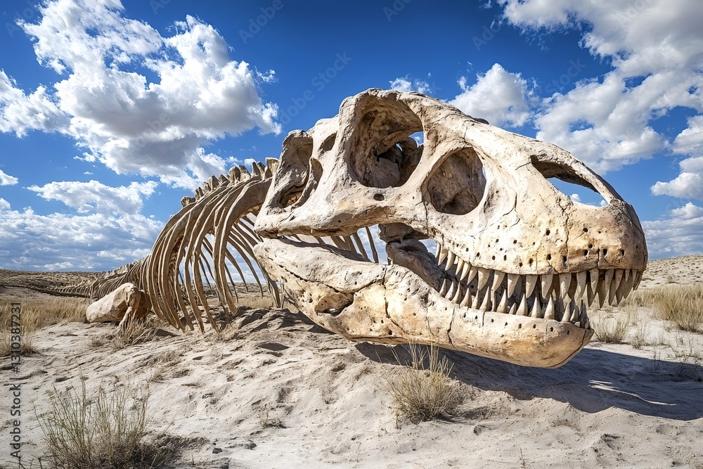 Complete skeleton of a tyrannosaurus rex dinosaur lying in the desert ...