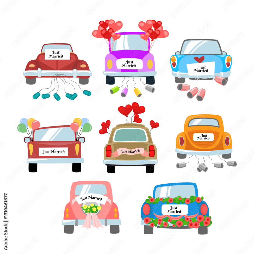 Set of just married car collection, vector illustration. Wedding with a ...