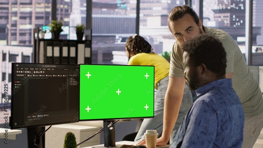 Foto de Stock Admin doing software debugging on green screen PC, asking ... Foto de Stock Admin doing software debugging on green screen PC, asking ...