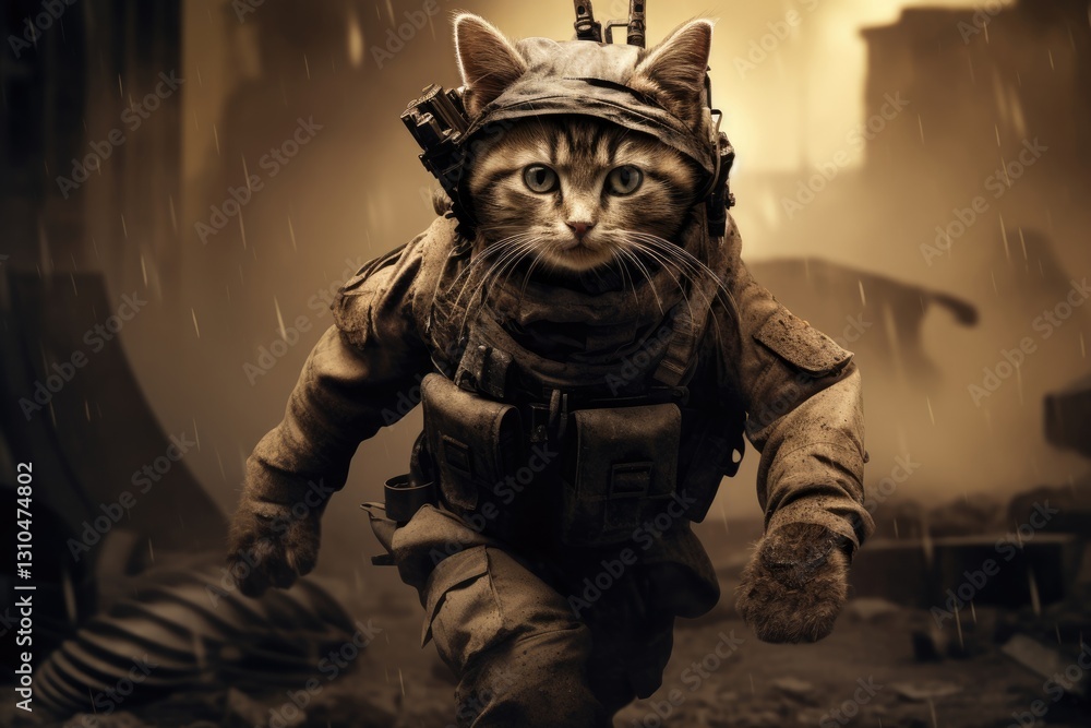 Military cat in combat gear. Tactical feline warrior in apocalyptic ...