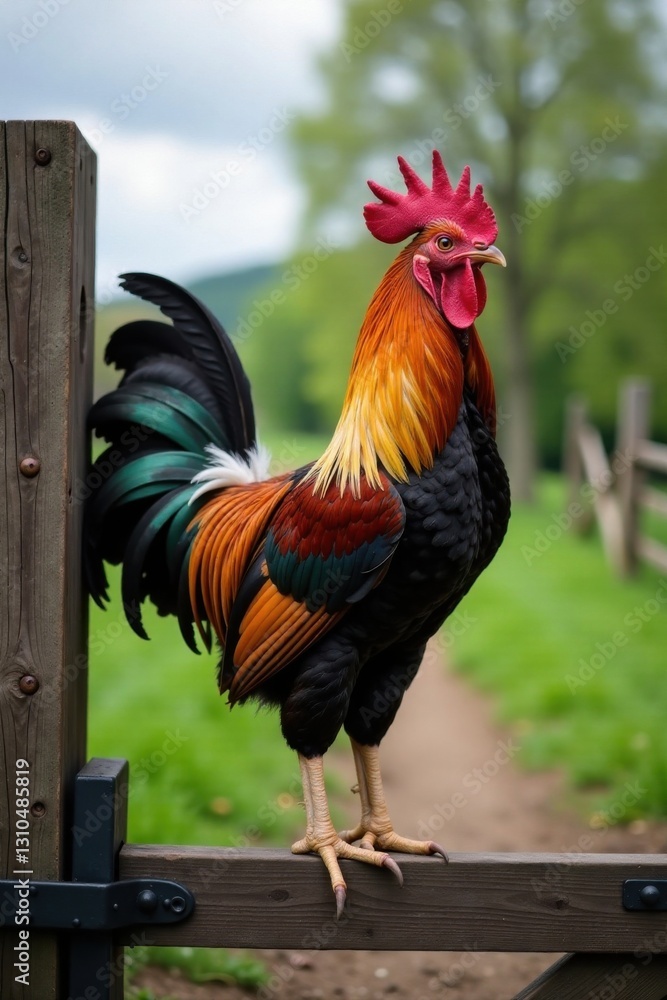Rooster with feathers spread wide on a rustic farm gate, nature, gate ...