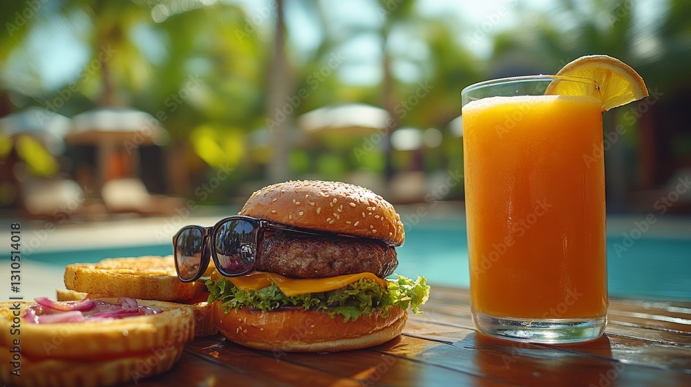 A picture of juice, burgers, and sunglasses. An image shows a table in ...