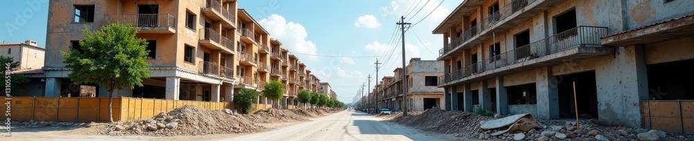 Broken building under construction, empty street, market crash ...