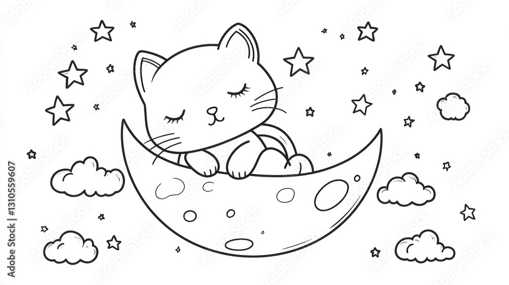 Cute cat sleeping on crescent moon, starry night sky, coloring page ...