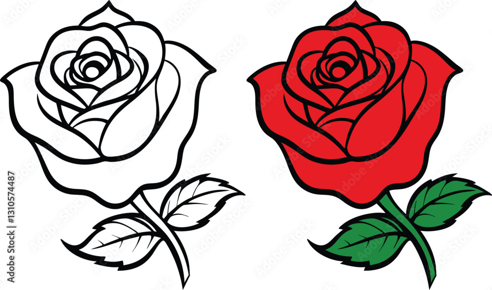 Beautiful Rose Illustration Black and White Outline vs Fully Colored ...