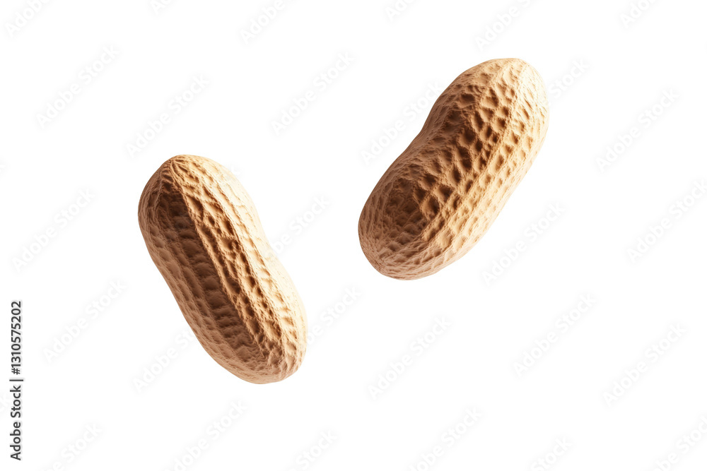 Two peanuts are shown in the air, one of which is slightly larger than ...