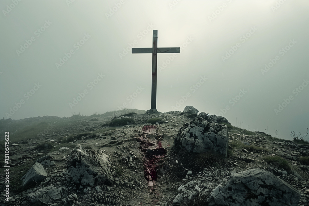 Empty Cross of Christ Standing Alone on Calvary Amid Clouds and Mist ...