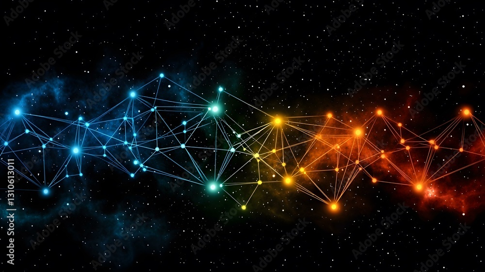 The image shows a network of interconnected nodes, resembling constellations in a cosmic space ...