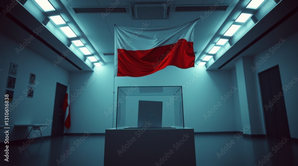 Hall with a national flag and an exhibition display case in the center ...