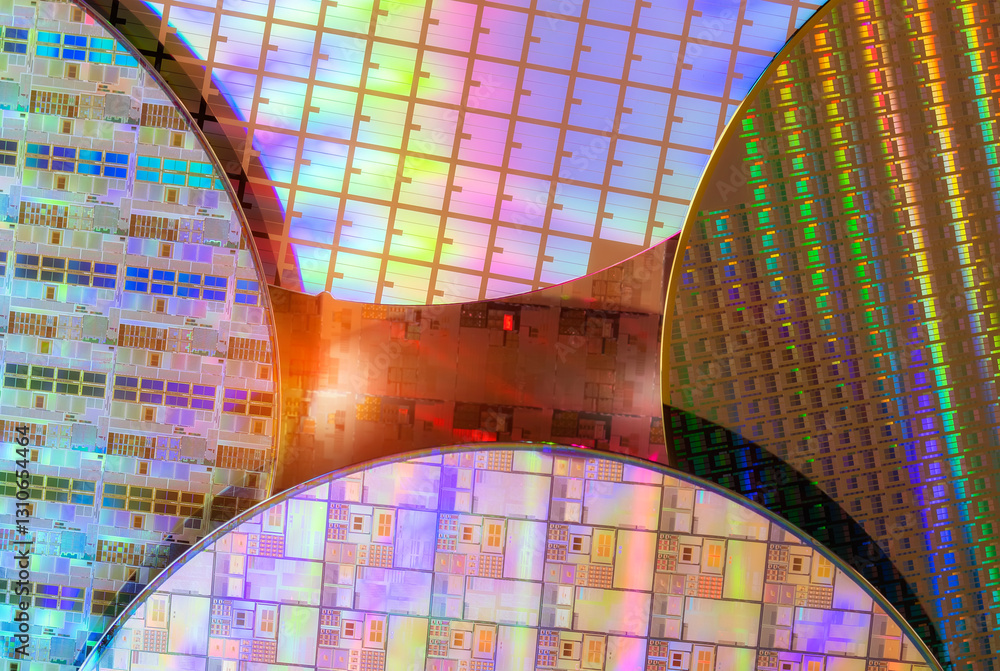 Silicon Wafers with microchips used in electronics for the fabrication ...
