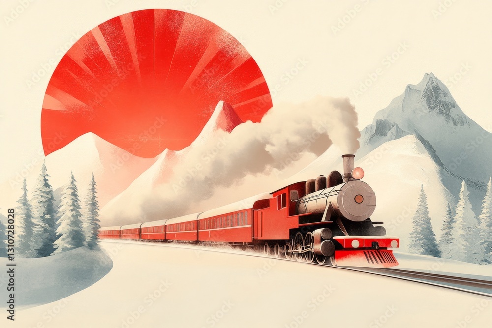 A minimalist poster featuring a steam train with a bold typeface and a ...